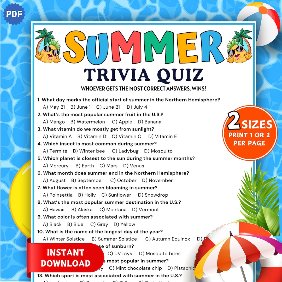 Summer Trivia Game, Printable Summer Party Game, Summer Activities for ...