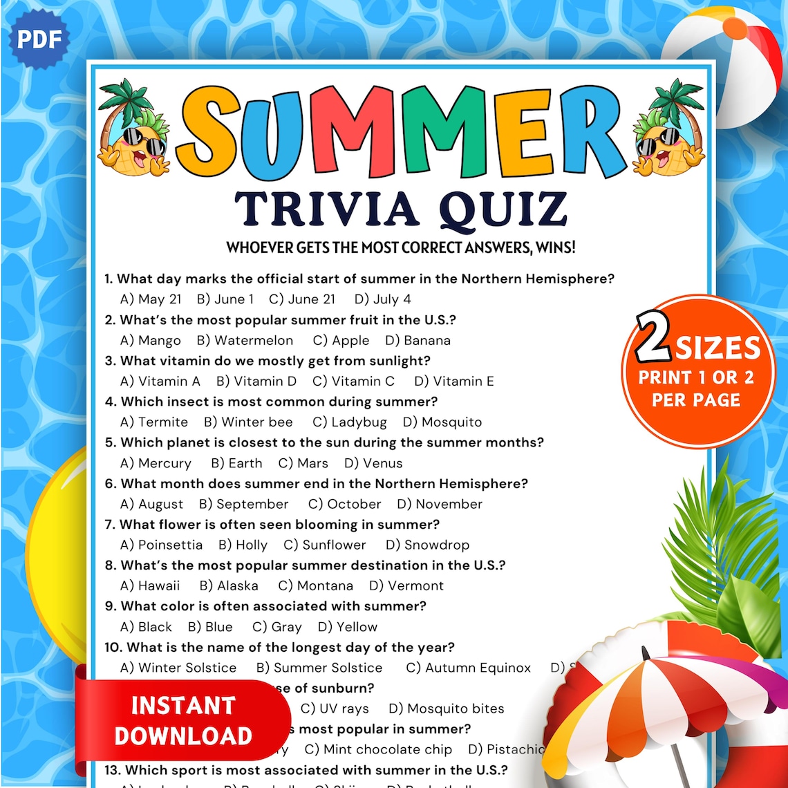 Summer Trivia Game, Printable Summer Party Game, Summer Activities for ...