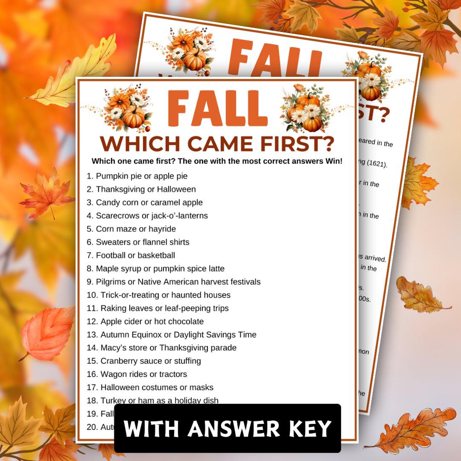 Fall Which Came First Game, Fall Trivia Quiz, Printable Autumn Game ...