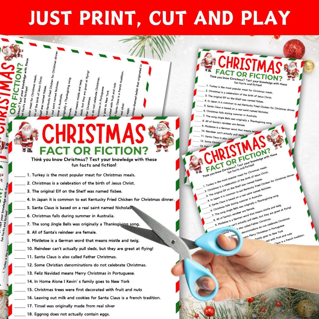 Christmas Fact or Fiction Game, Printable Holiday Trivia Party Game ...