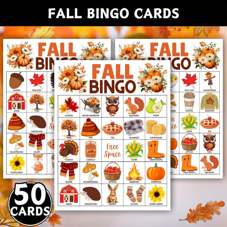 50 Fall Bingo Cards, Autumn Bingo, Fall Themed Bingo Cards PDF, Bingo ...