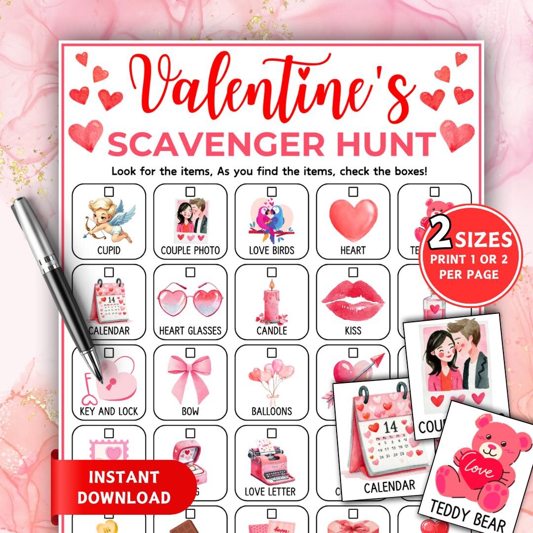 Valentine's Day Scavenger Hunt, Indoor Treasure Hunt, Printable ...