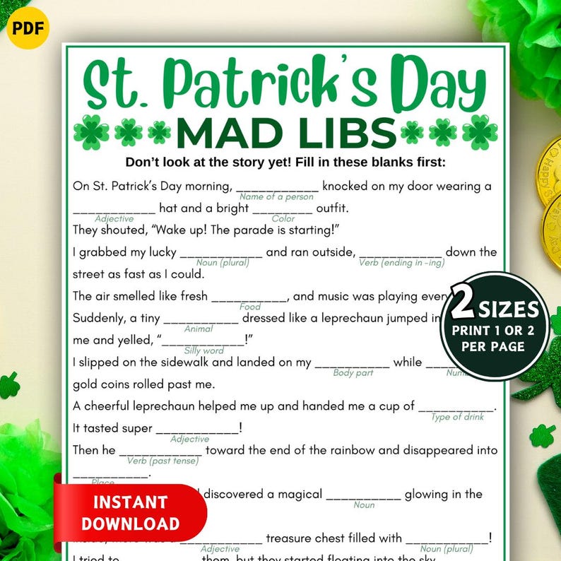 St Patricks Day Mad Libs Game, Printable Games for Kids, St Patrick's ...