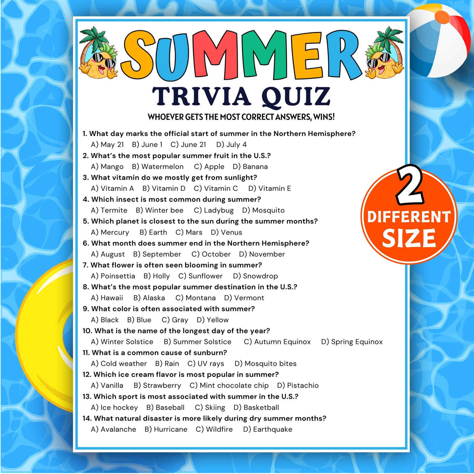 Summer Trivia Game, Printable Summer Party Game, Summer Activities for ...