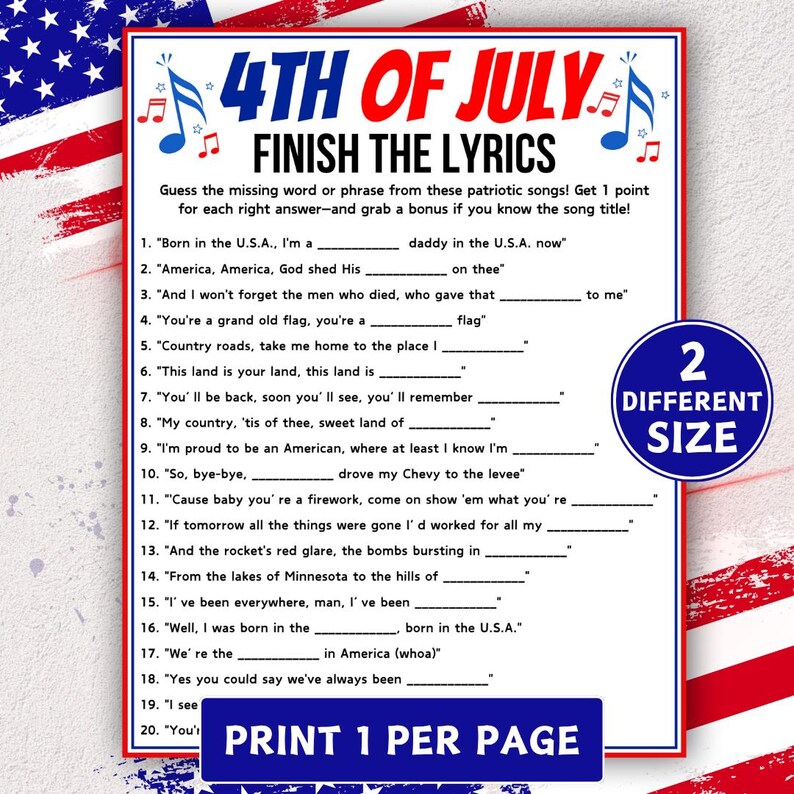 4th of July Finish the Lyrics Game, Printable 4th of July Party Games ...