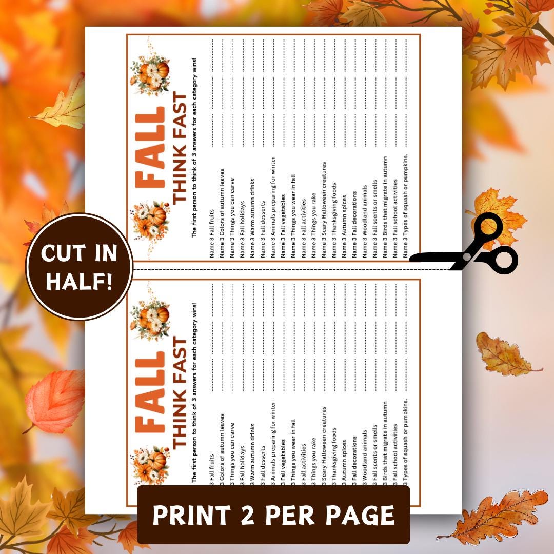 Fall Think Fast Game! Printable Fall Games, Think Quick Trivia Game ...
