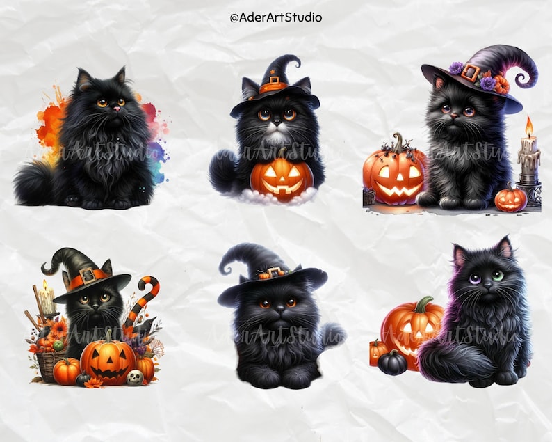 Watercolor Halloween Fluffy Cats Clipart, Black Cats Clipart, Halloween ...