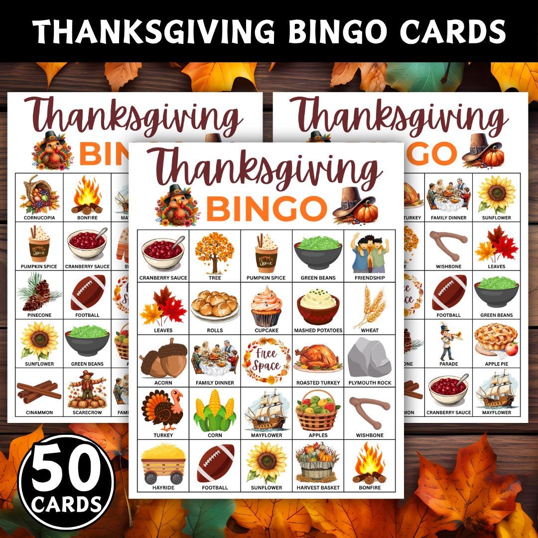 50 Thanksgiving Bingo Cards, Thanksgiving Bingo, Thanksgiving Activity ...