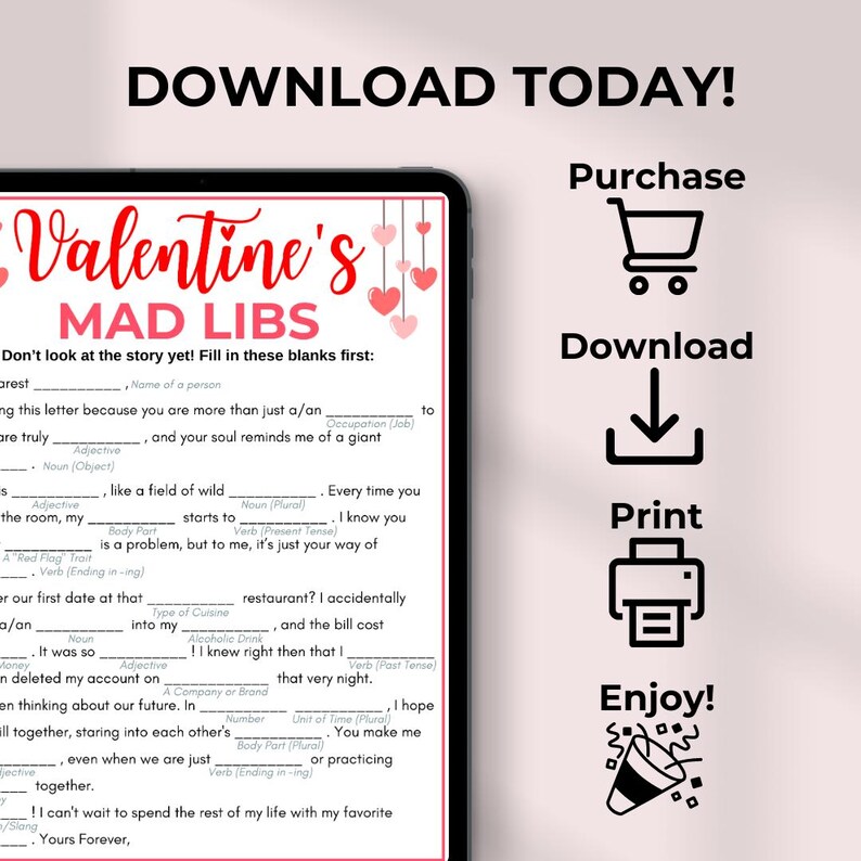 Valentine's Day Mad Libs, Printable Valentines Story, Valentine Party ...