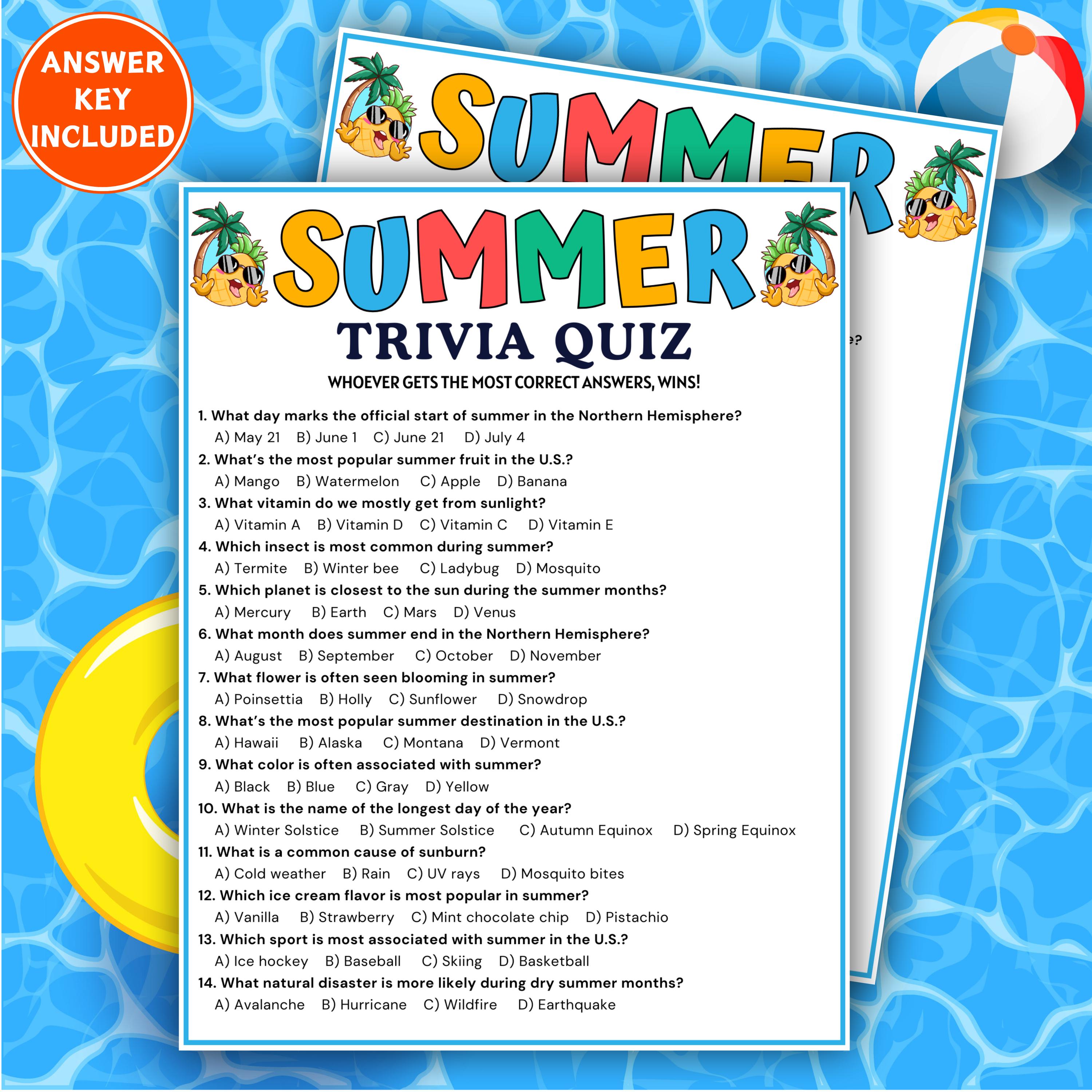 Summer Trivia Game, Printable Summer Party Game, Summer Activities for ...