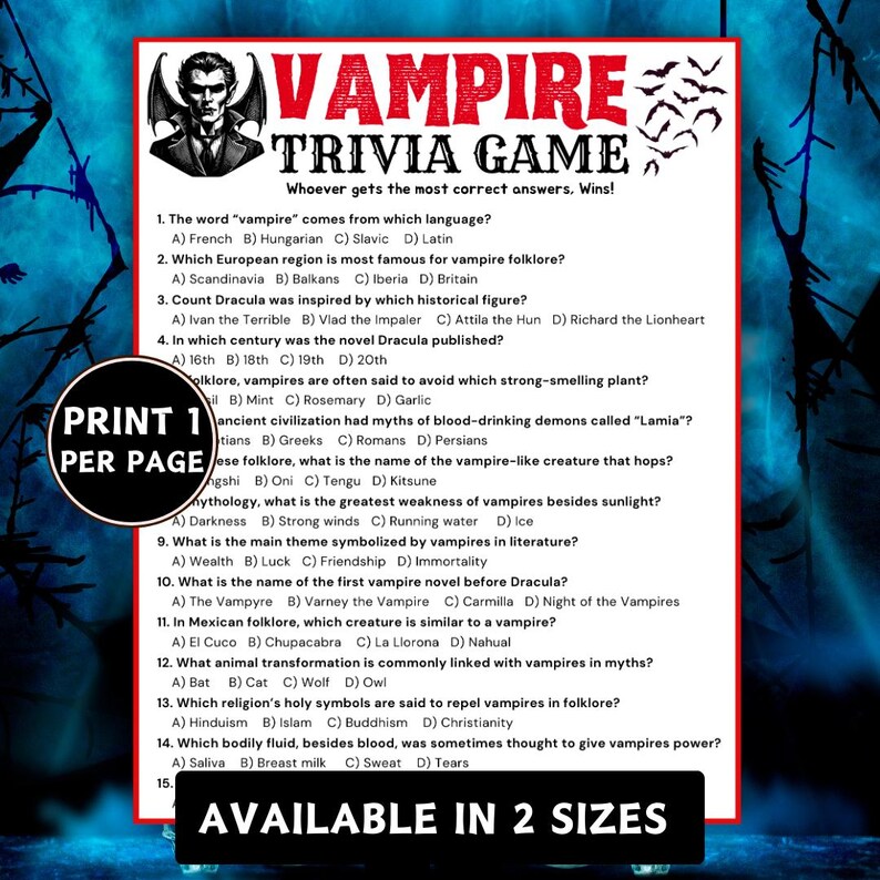 Vampire Trivia Game, Vampire Quiz, Halloween Trivia Game, Spooky Game ...