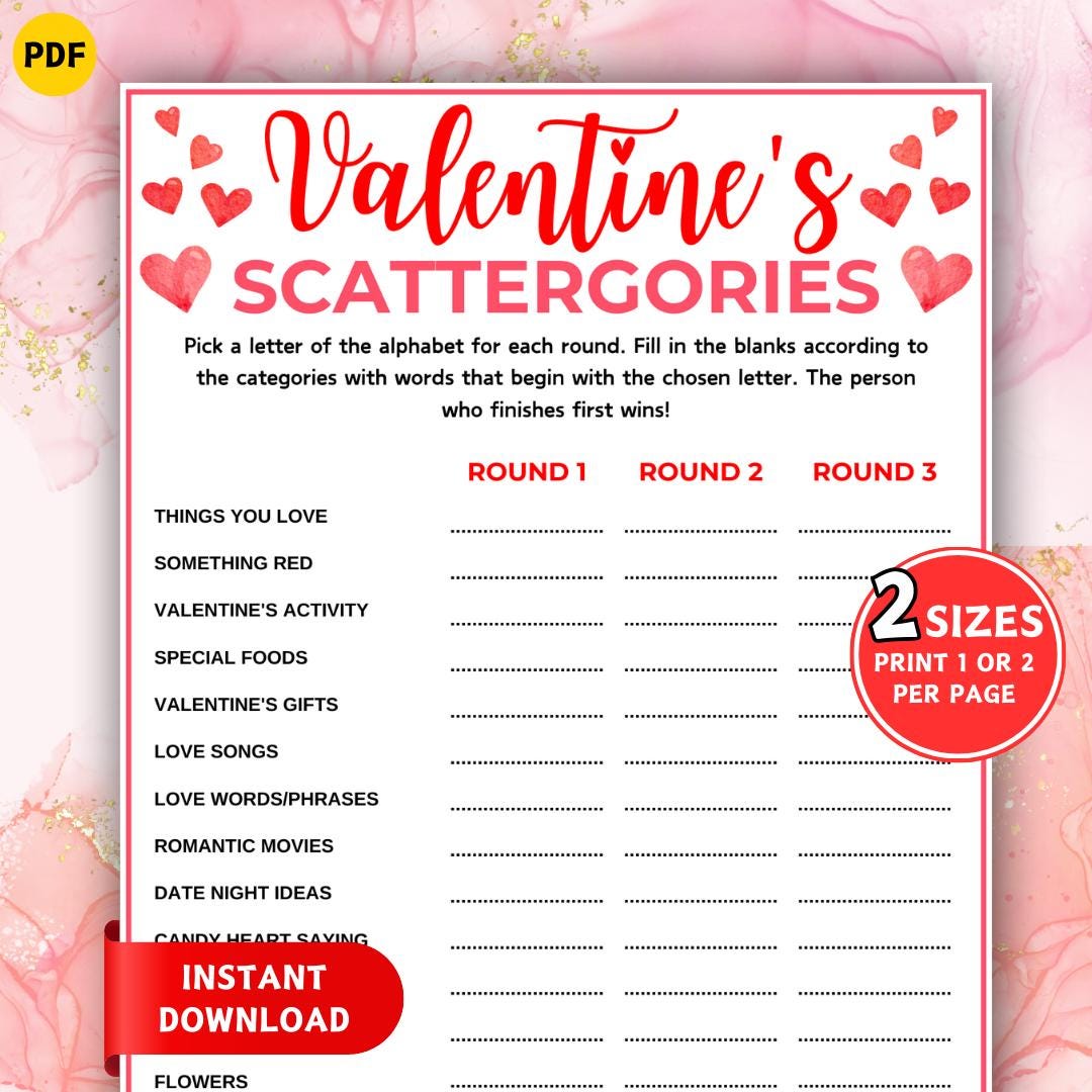 Valentine's Day Scattergories Game, Printable Valentine Game ...