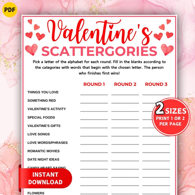 Valentine's Day Scattergories Game, Printable Valentine Game ...