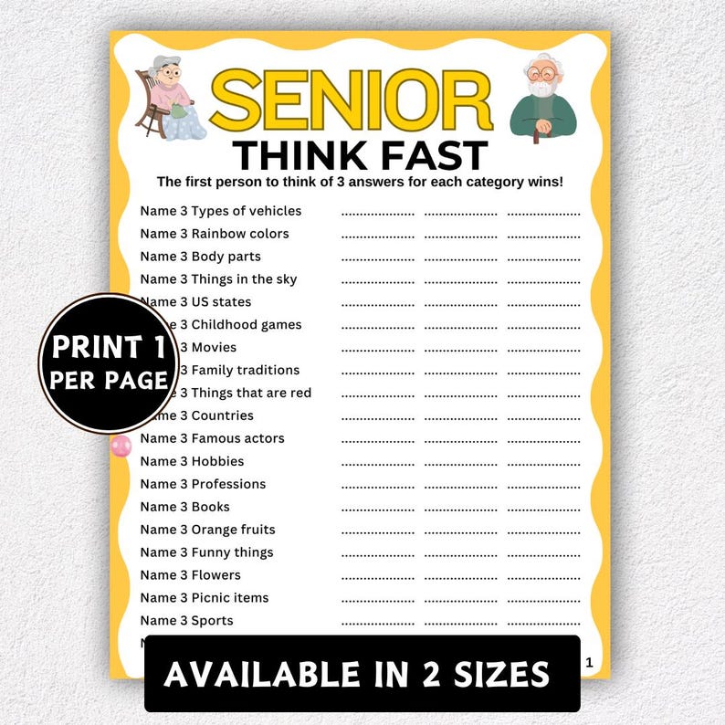 Senior Think Fast Game! Games for Senior Citizens, Fun Elderly Games ...