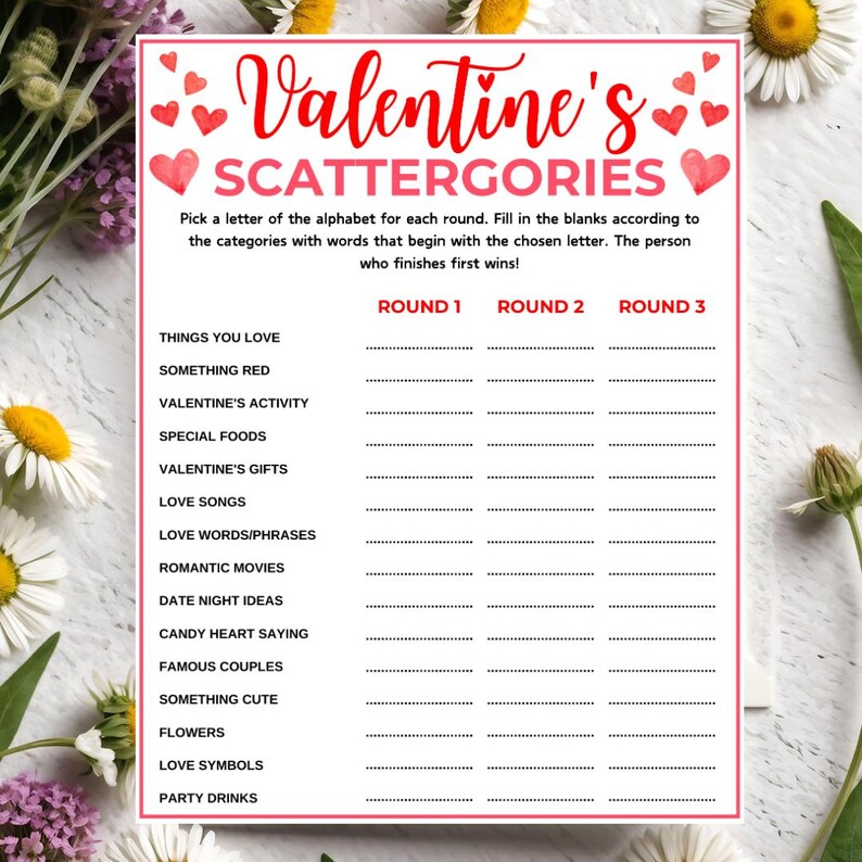 Valentine's Day Scattergories Game, Printable Valentine Game ...