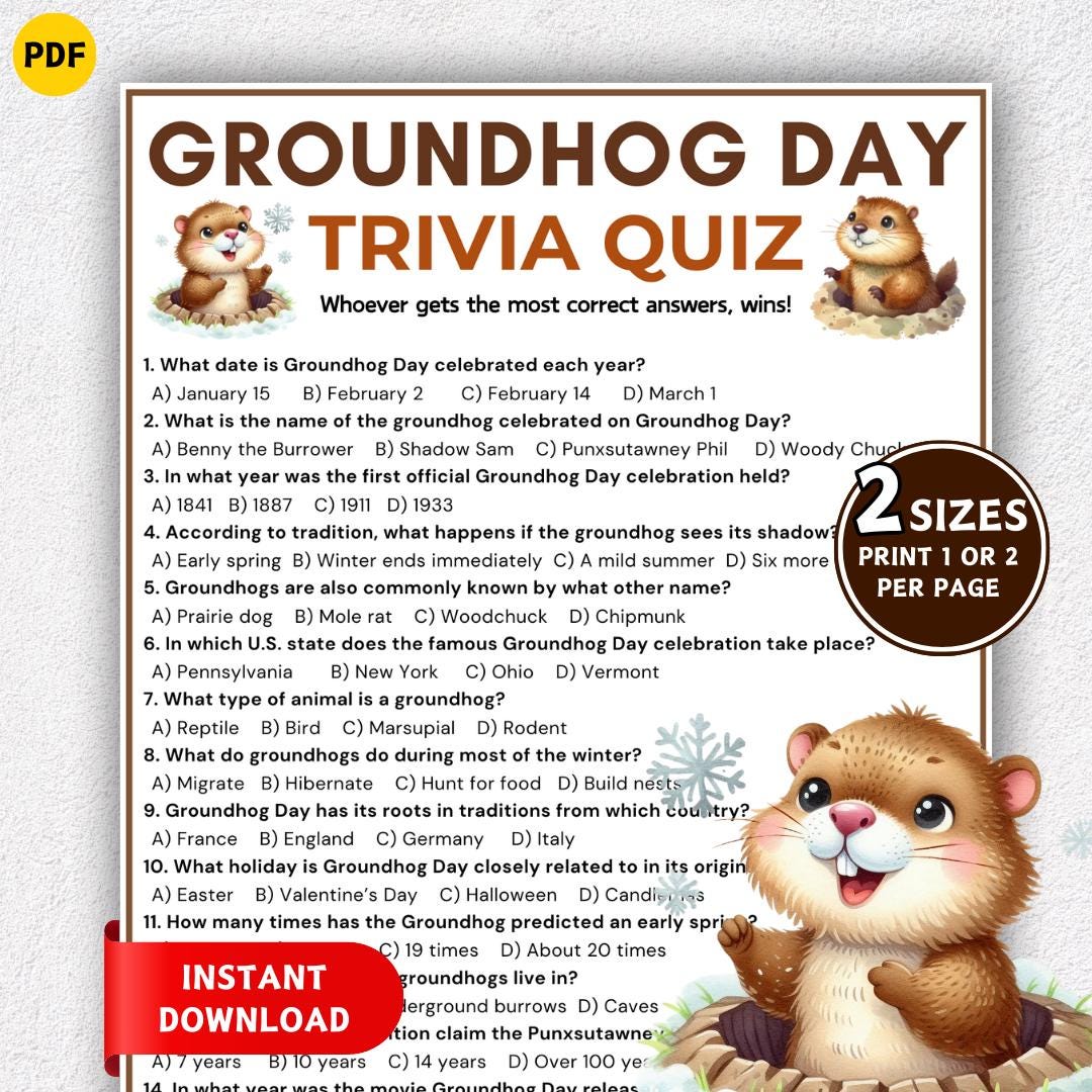 Groundhog Day Trivia Game, Printable Groundhog Day Activity, Family ...