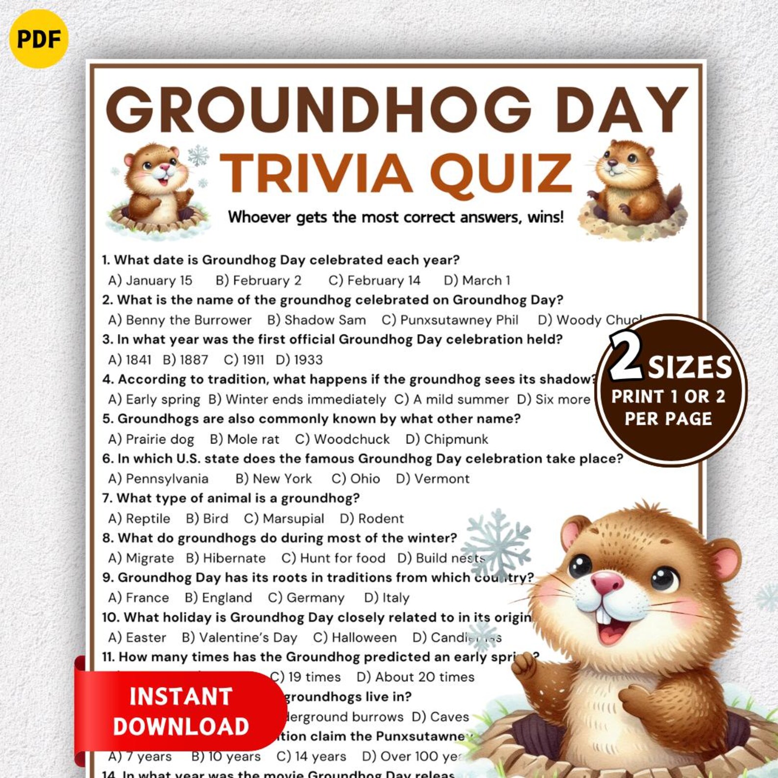 Groundhog Day Trivia Game, Printable Groundhog Day Activity, Family ...