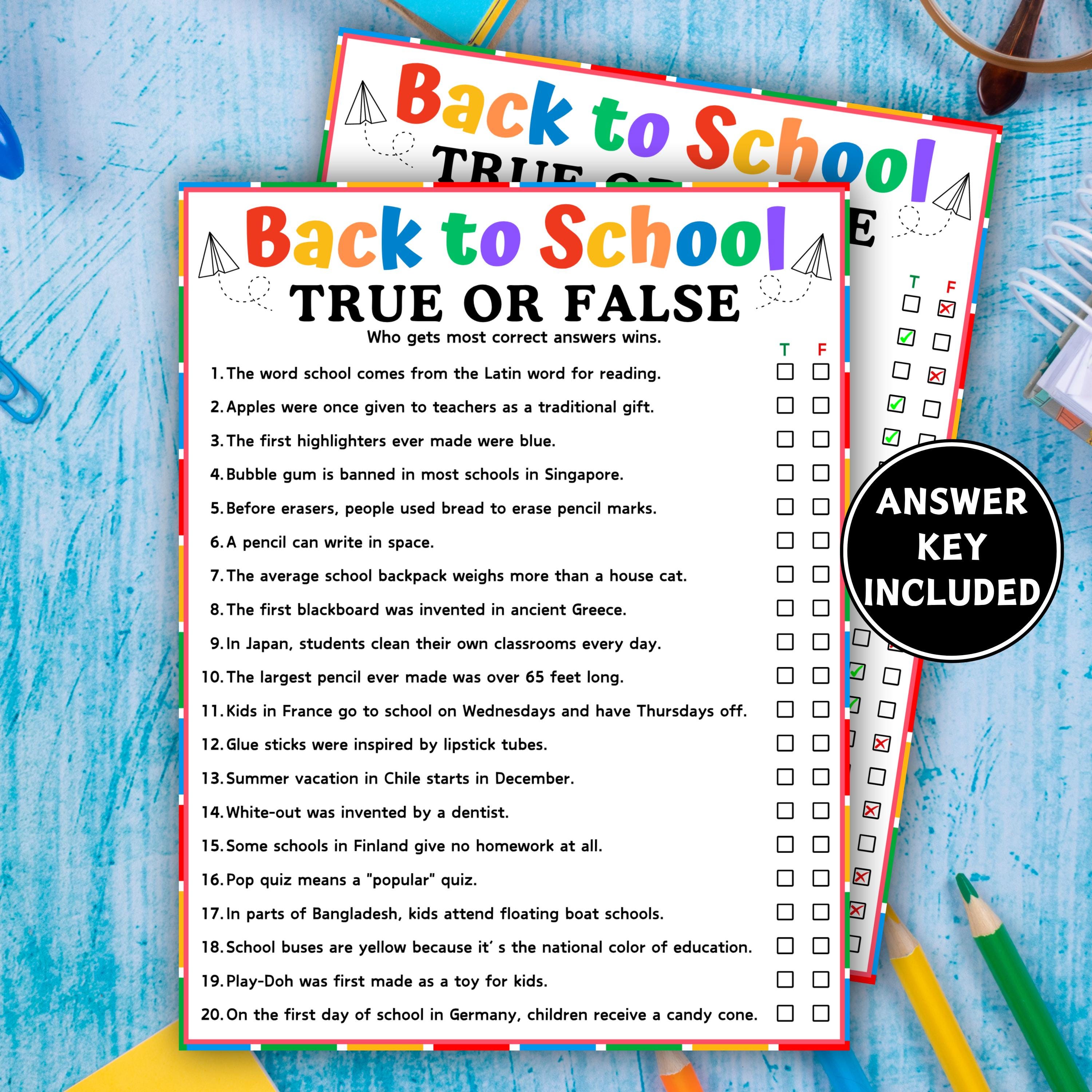 Back to School Trivia Game, True or False Game, Printable School Party ...
