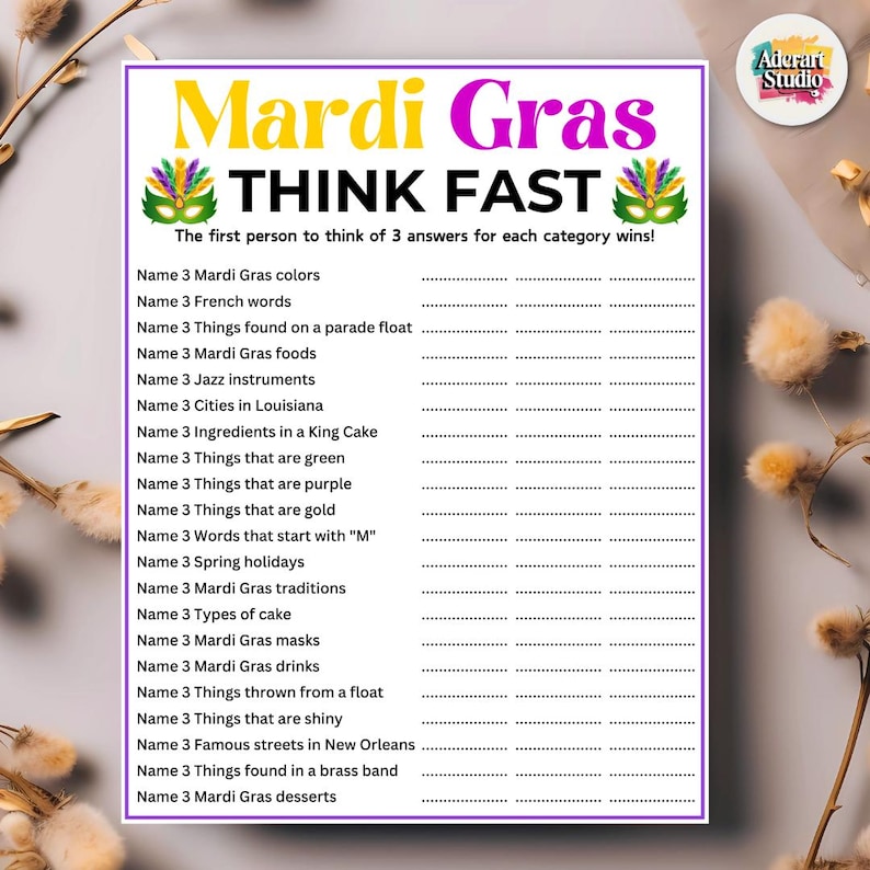 Mardi Gras Think Fast Game! Printable Mardi Gras Games, Think Quick ...