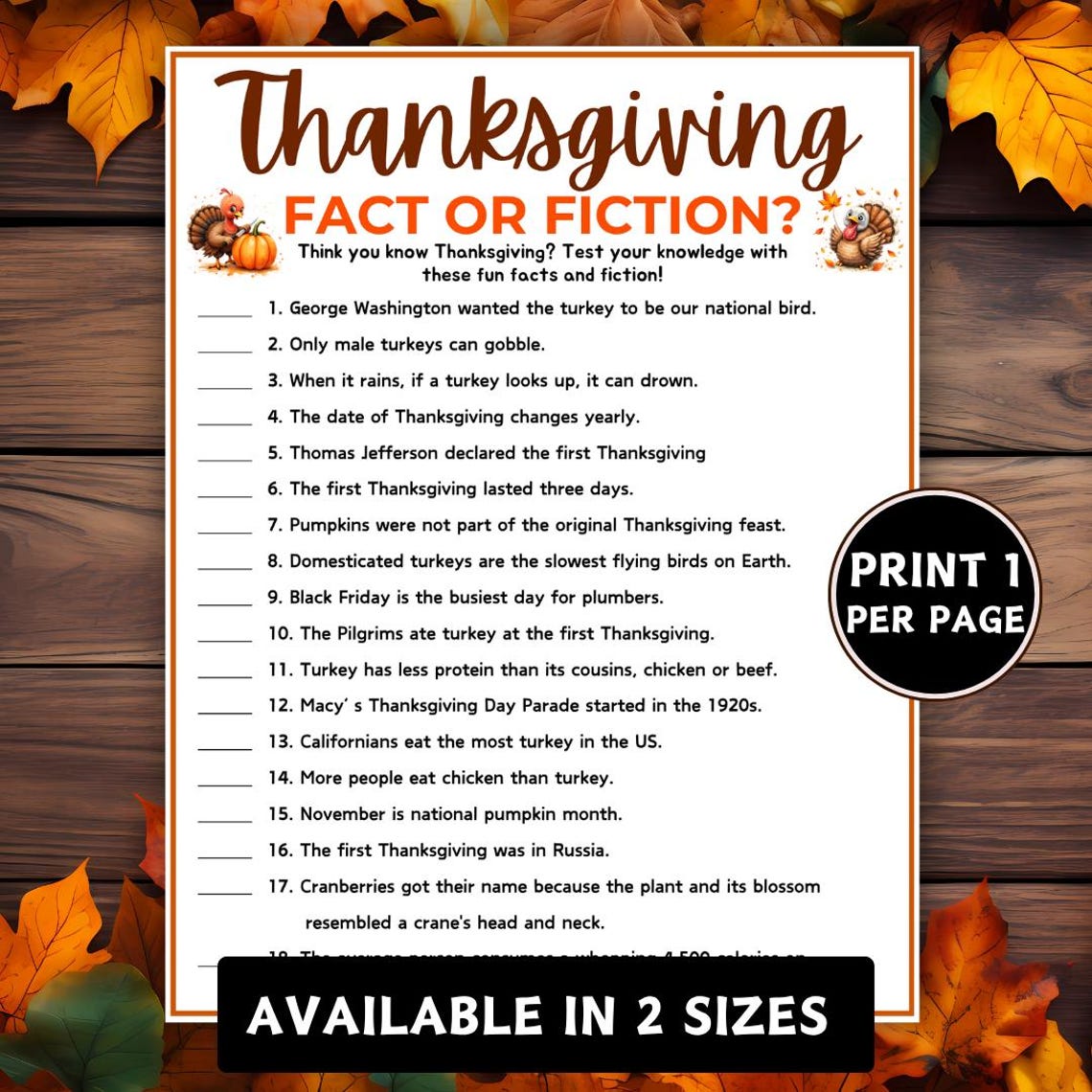 Thanksgiving Fact or Fiction Game, Thanksgiving Printable Games ...