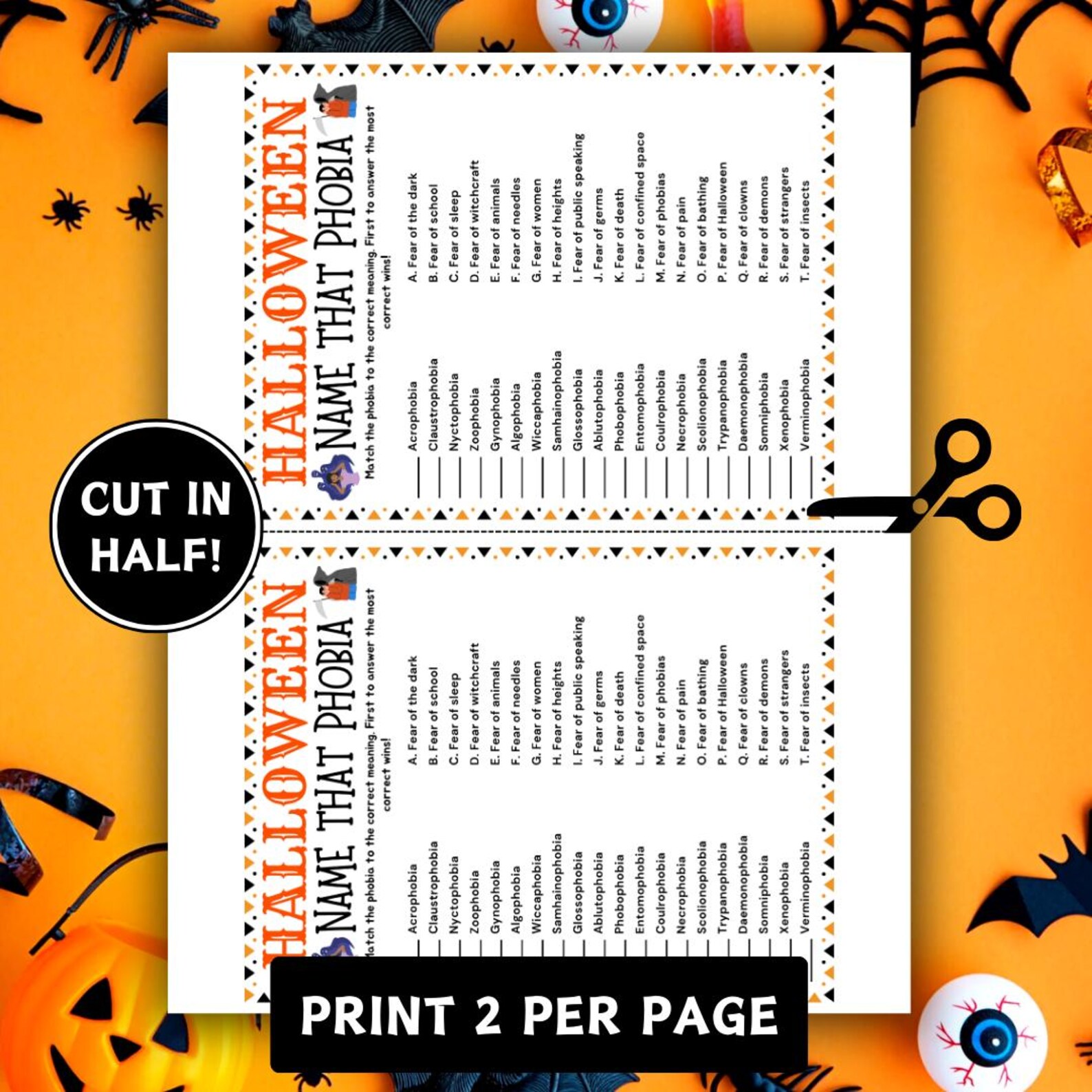 Halloween Name the Phobia Match Game, Phobia Trivia Game, Printable ...