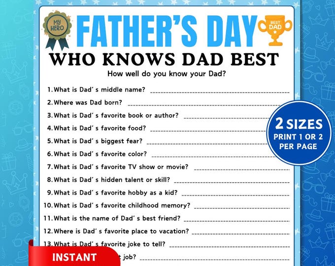 Father's Day Who Knows Dad Best Game, Father's Day Party Game, Daddy ...