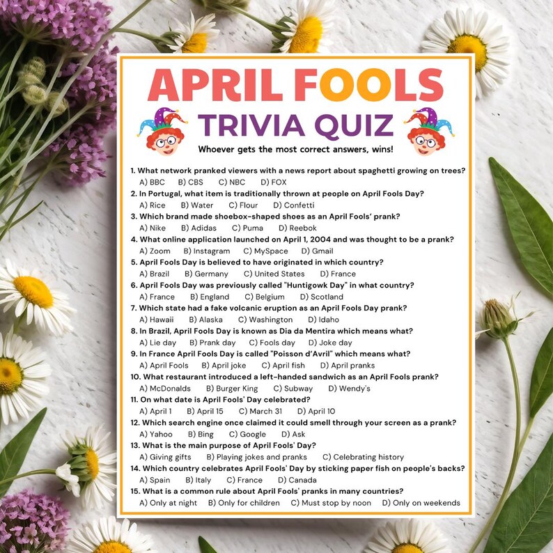 April Fools' Day Trivia Game, Printable April Fools Trivia Quiz, April ...