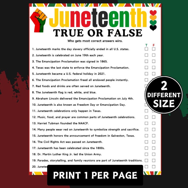 Juneteenth True or False Game, Juneteenth Trivia Quiz, Juneteenth Game ...