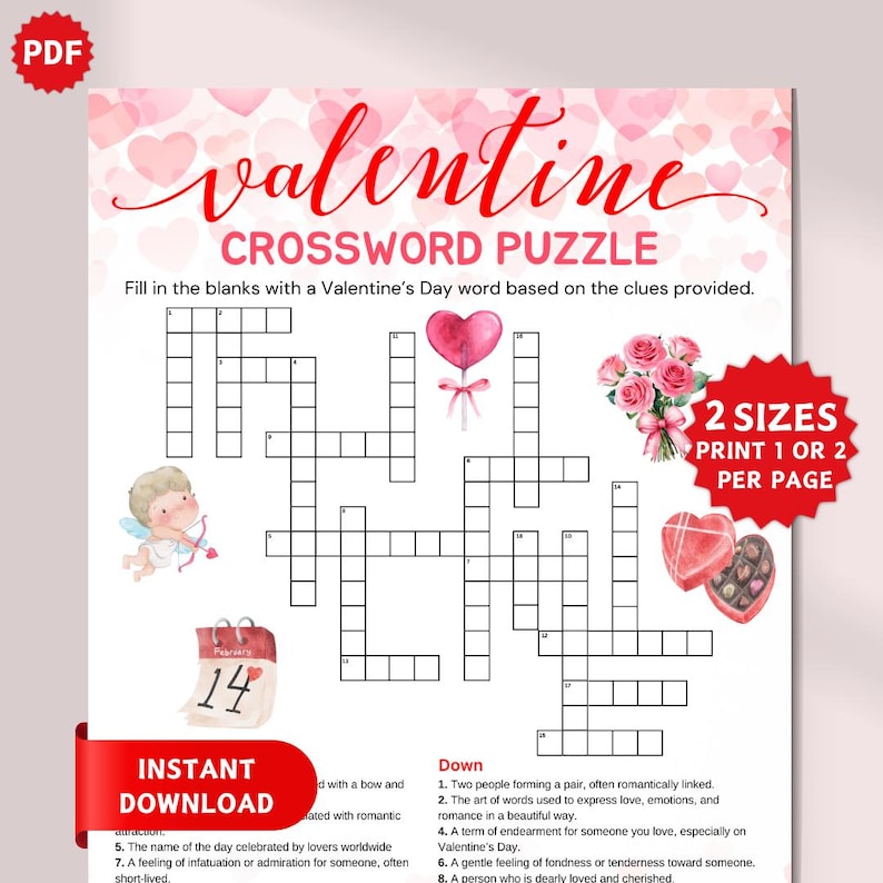 Printable Valentines Day Crossword Puzzle, Valentine Party Game for ...