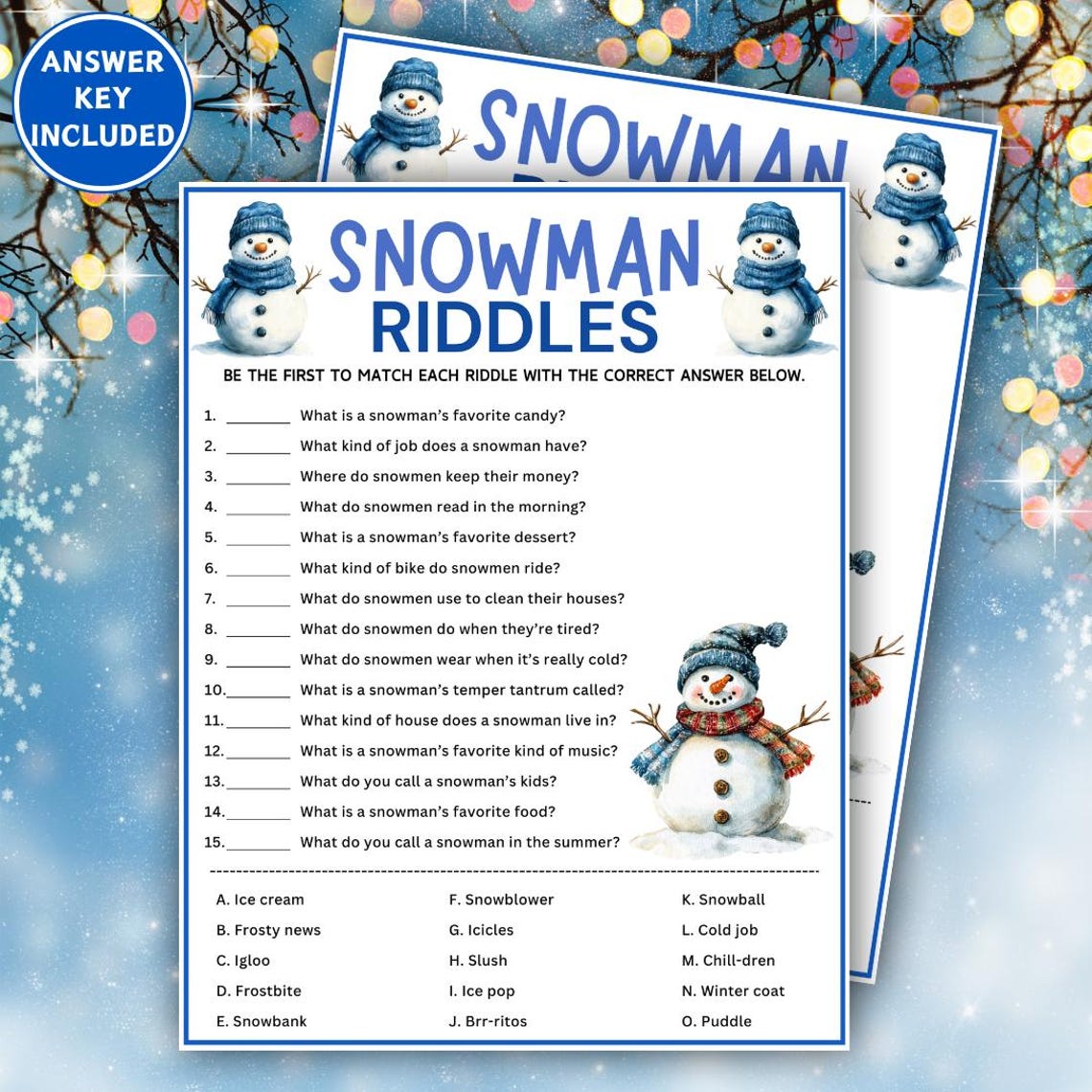 Snowman Riddles Game, Riddle Me This, Printable Winter Activities ...