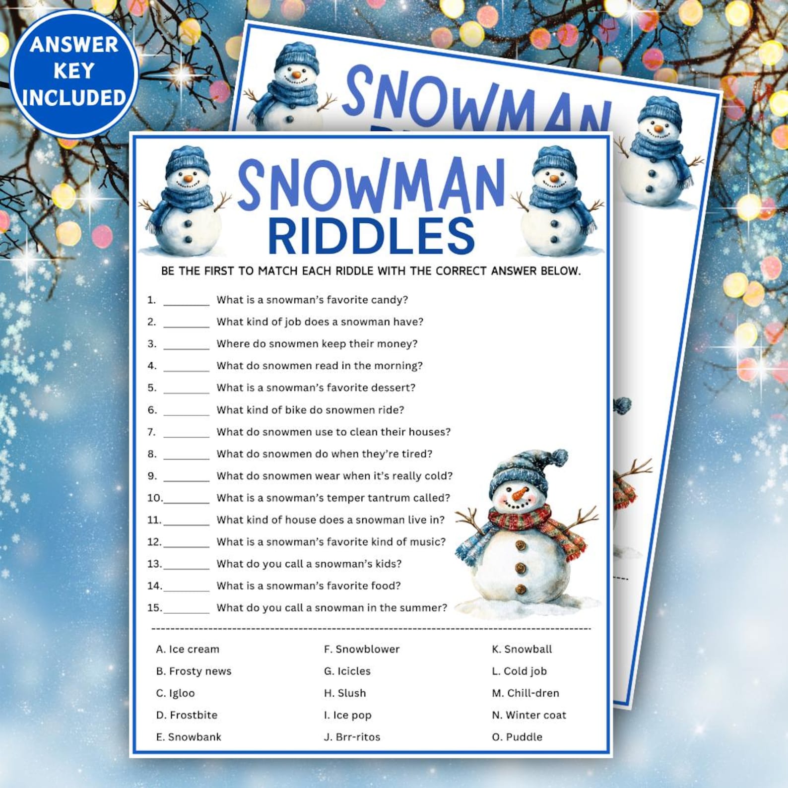 Snowman Riddles Game, Riddle Me This, Printable Winter Activities ...