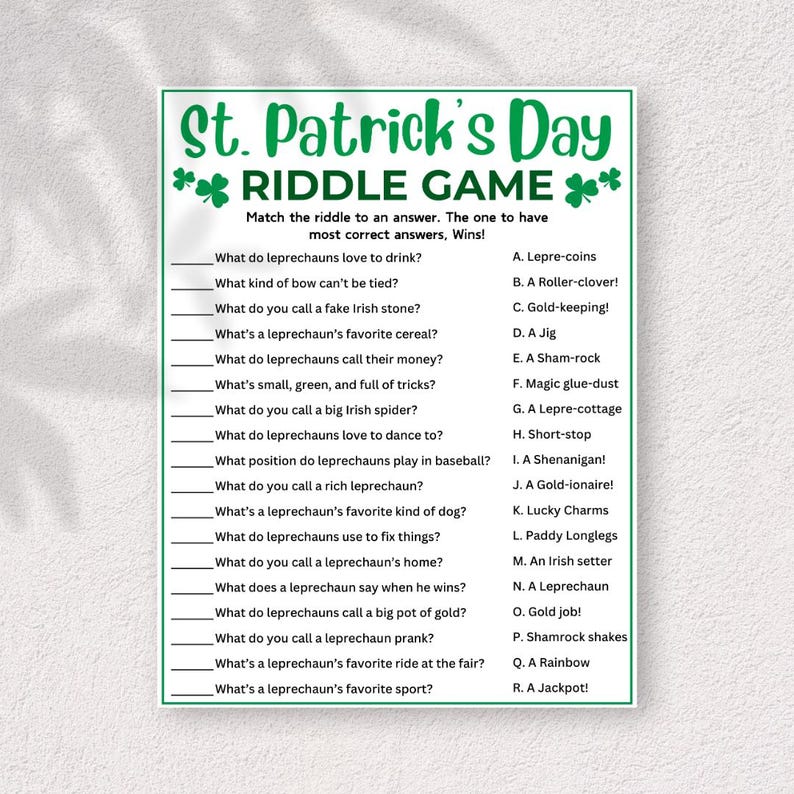 St Patrick’s Day Riddle Game, Printable St Patricks Day Trivia Game ...
