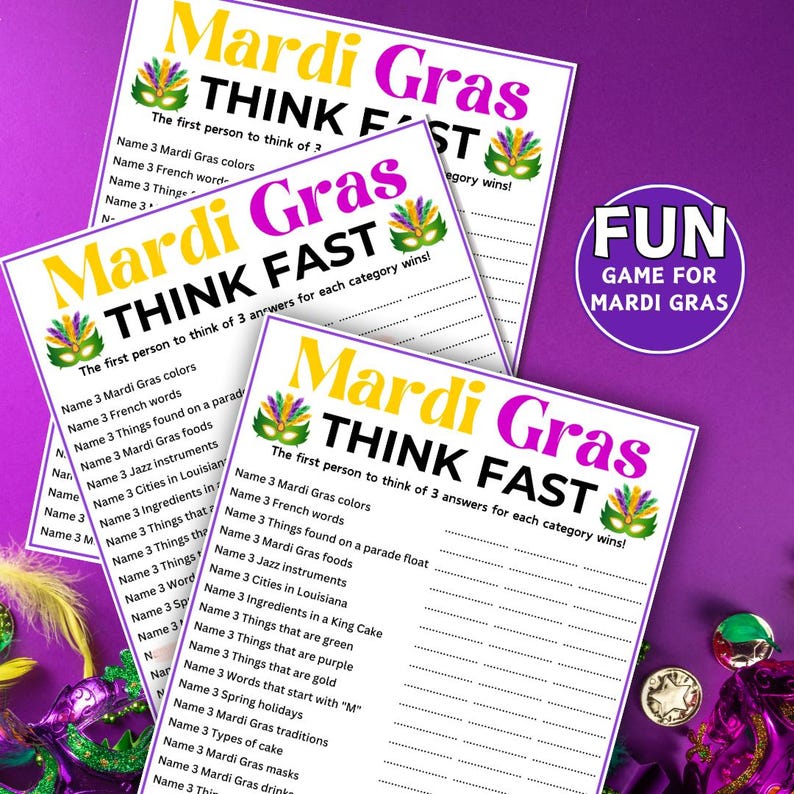Mardi Gras Think Fast Game! Printable Mardi Gras Games, Think Quick ...