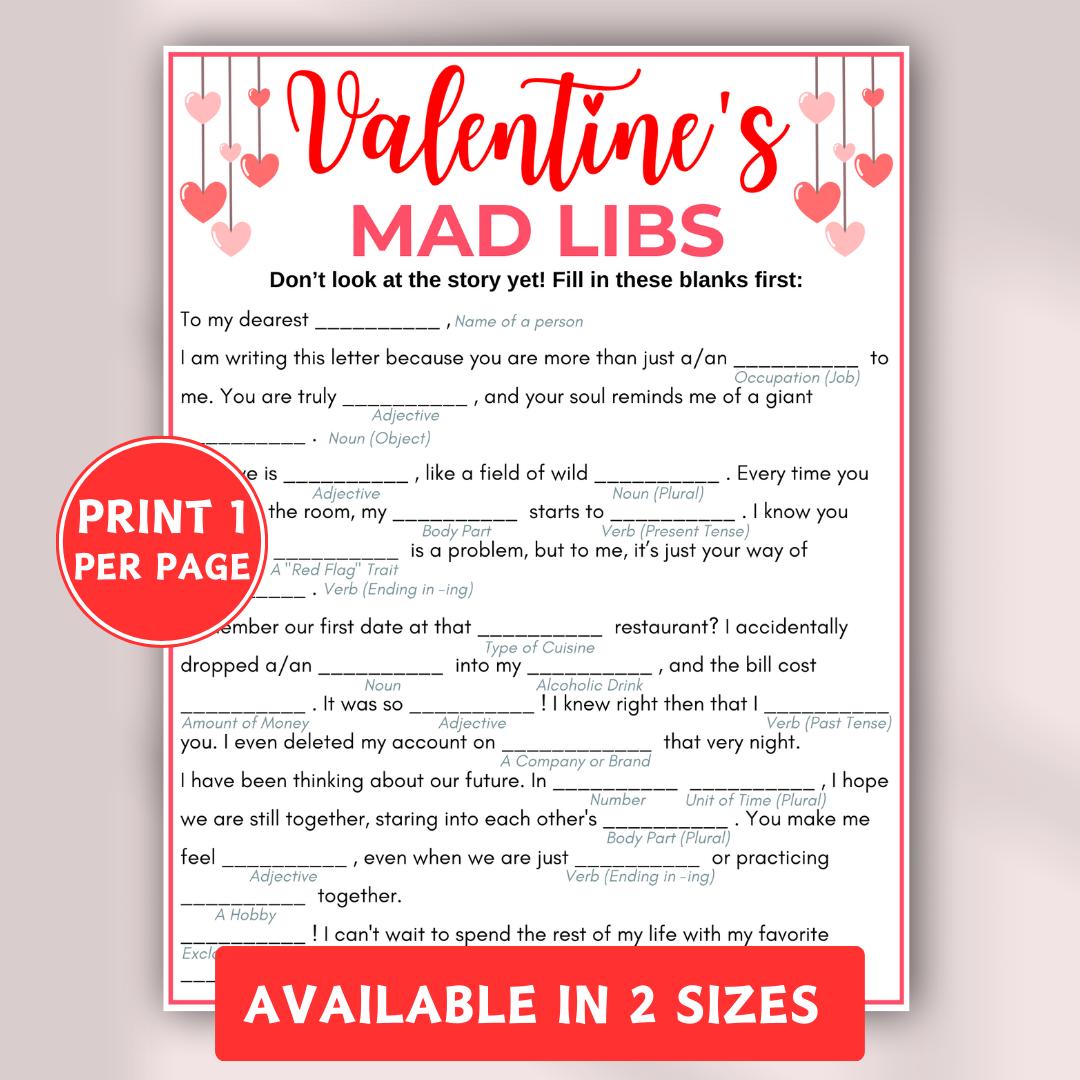 Valentine's Day Mad Libs, Printable Valentines Story, Valentine Party ...