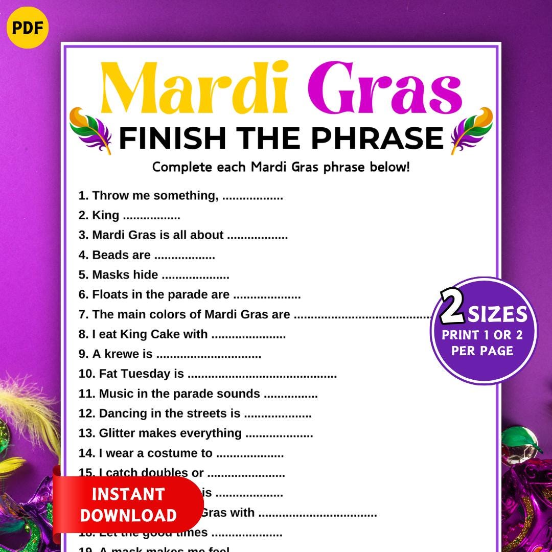 Mardi Gras Finish the Phrase Game, Mardi Gras Party Games, Printable ...
