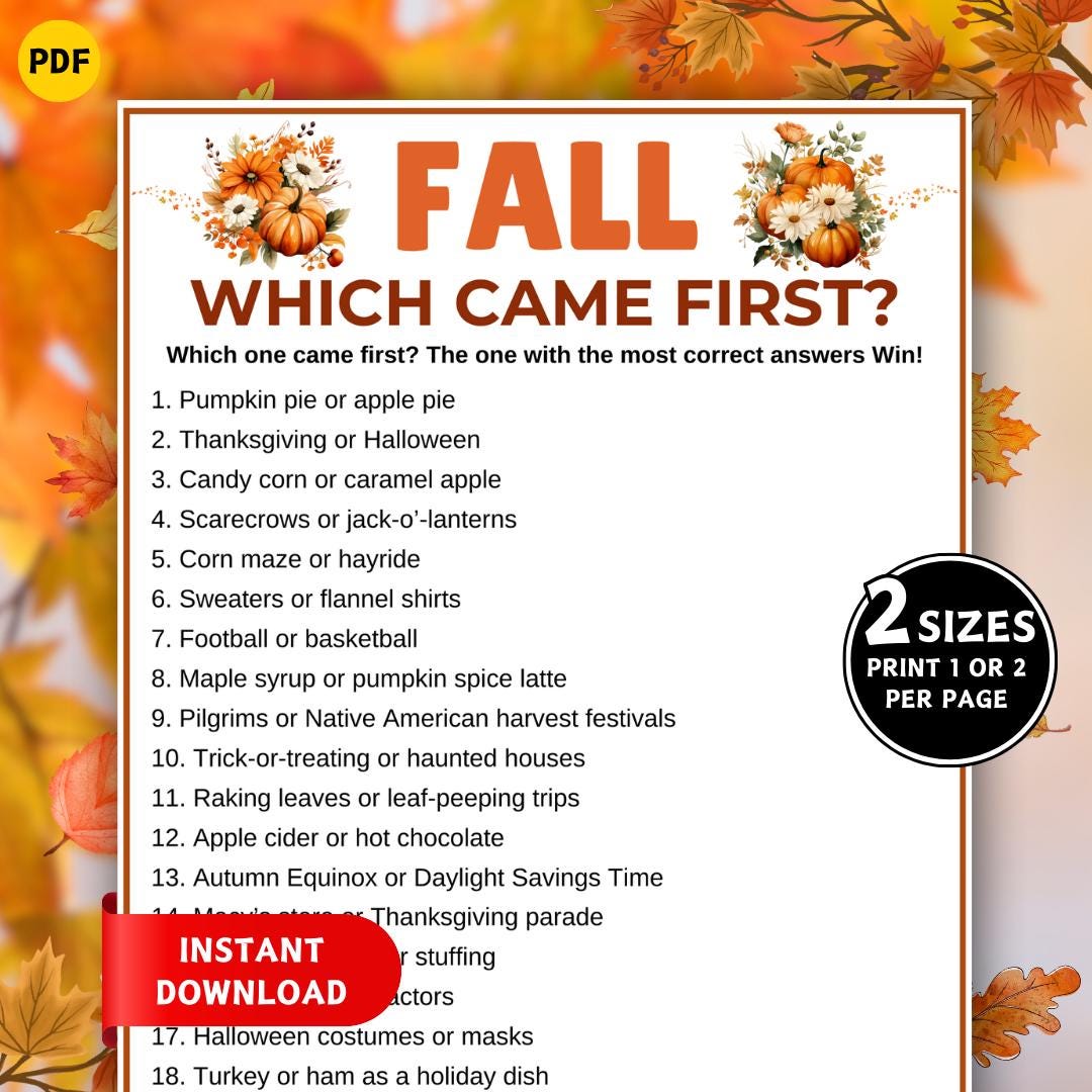Fall Which Came First Game, Fall Trivia Quiz, Printable Autumn Game ...