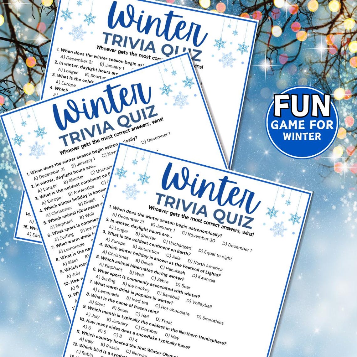 Winter Trivia Game, Winter Trivia Quiz, Printable Winter Game, Winter ...