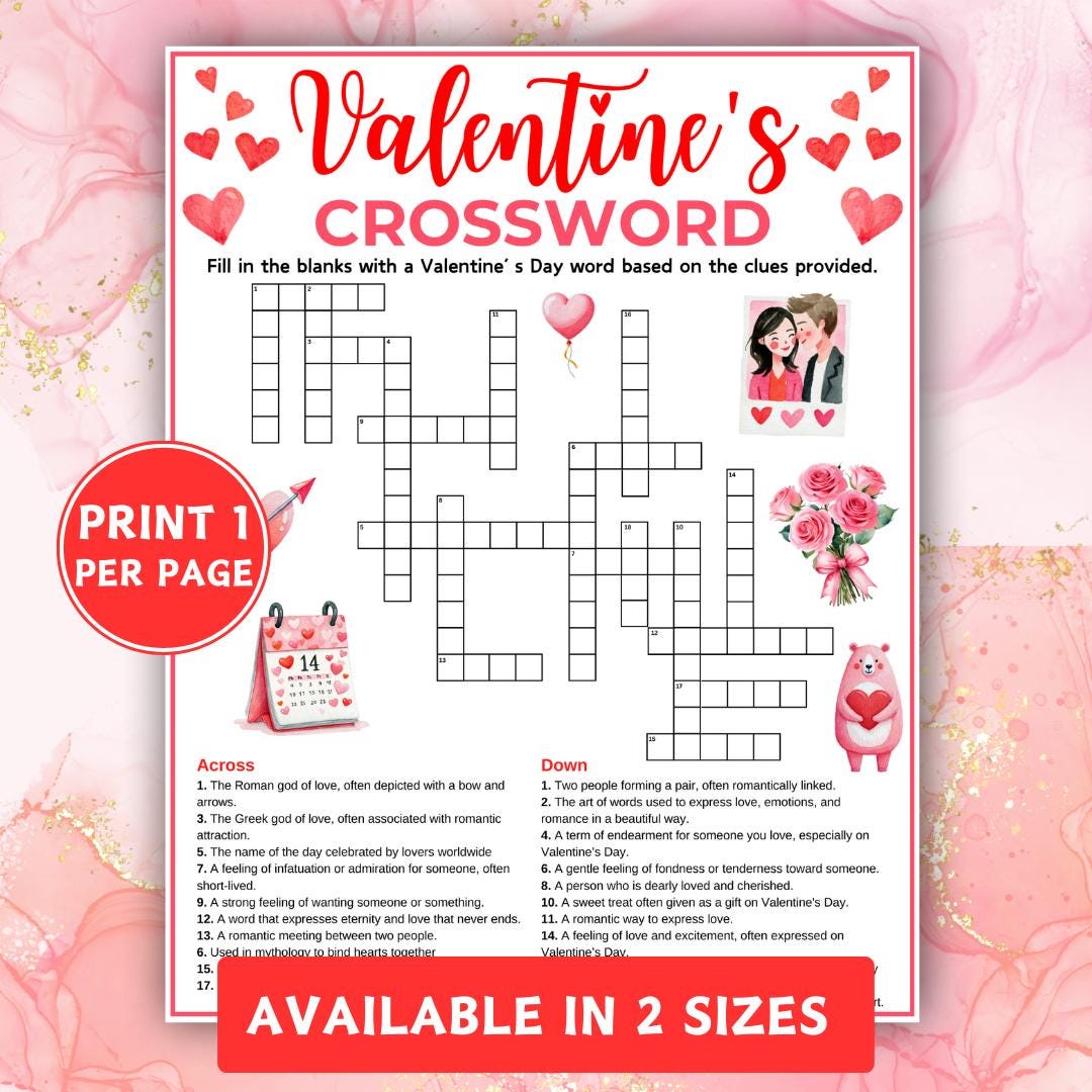 Printable Valentines Day Crossword Puzzle, Valentine Party Game for ...