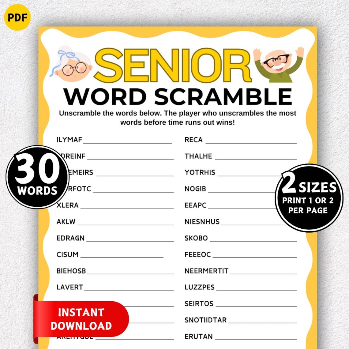 Senior Word Scramble Game, Printable Games for Senior Citizens, Elderly ...