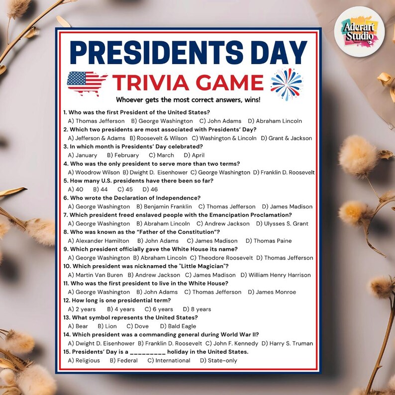 Presidents' Day Trivia Game, Printable Patriotic Trivia Quiz, Fun ...
