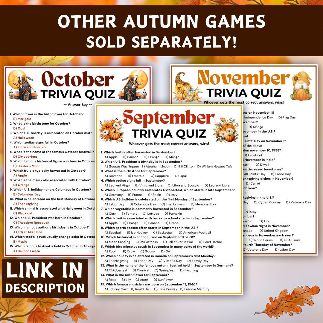 Fall Trivia Game, Autumn Trivia Quiz, Printable Autumn Game, Fall Party ...