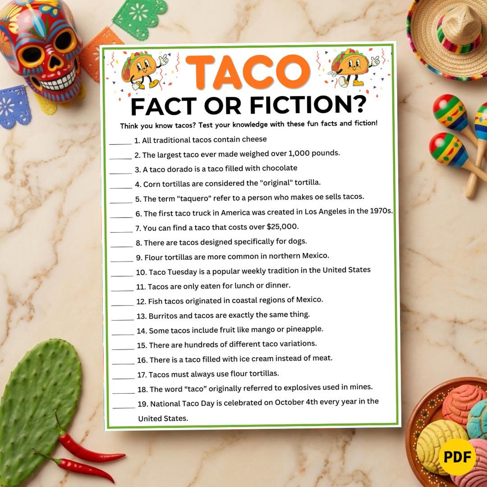 Taco Fact or Fiction Game, Printable Taco Tuesday Games, Taco Fact Quiz ...
