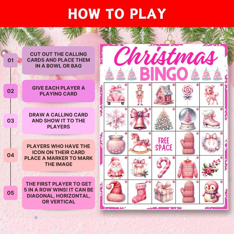 50 Christmas Bingo Cards, Pink Christmas Bingo Game, Christmas Party ...