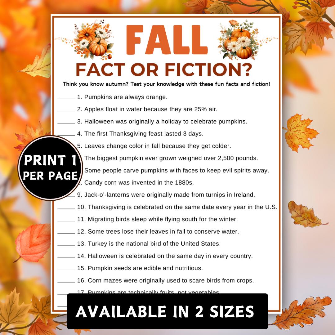 Fall Fact or Fiction Game, Printable Autumn Fact Quiz, Fall Trivia Game ...