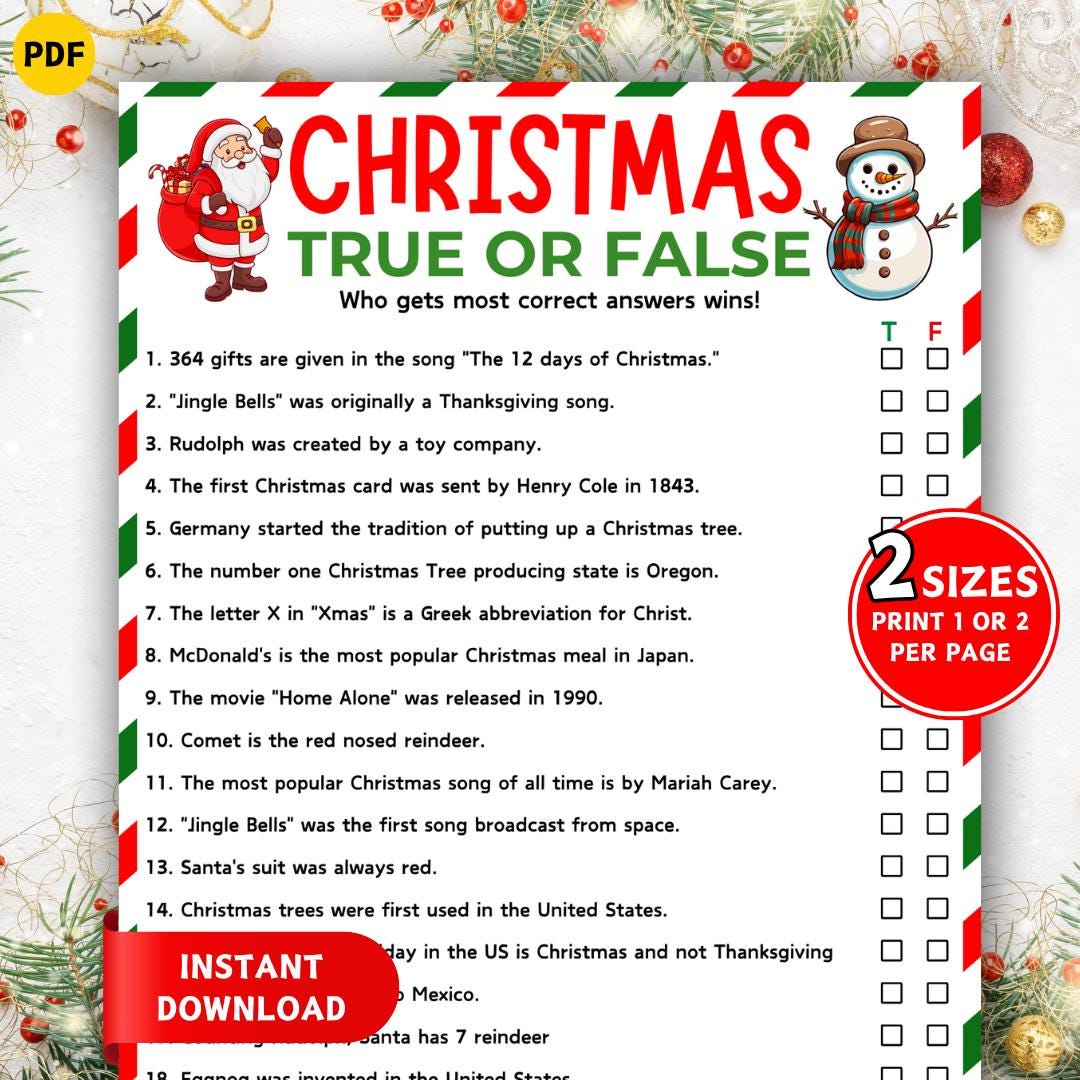 Christmas True or False Game, Printable Christmas Game, Christmas ...