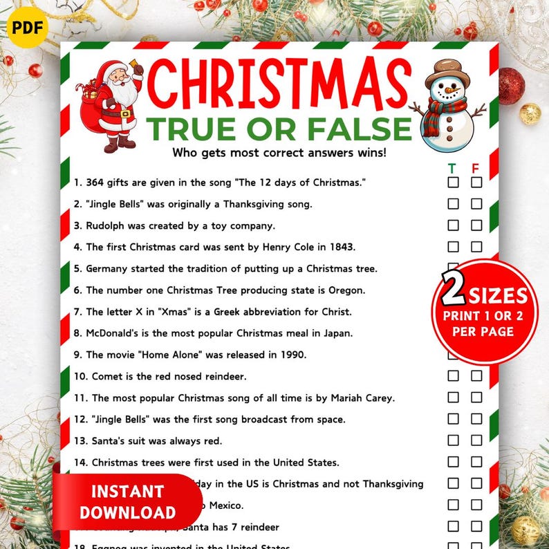 Christmas True or False Game, Printable Christmas Game, Christmas ...