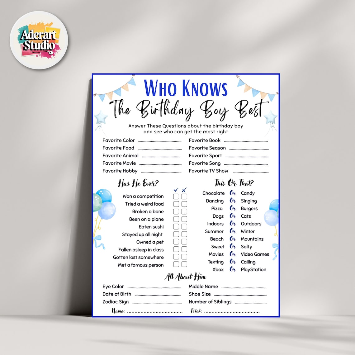Who Knows the Birthday Boy Best, Printable Birthday Party Game ...