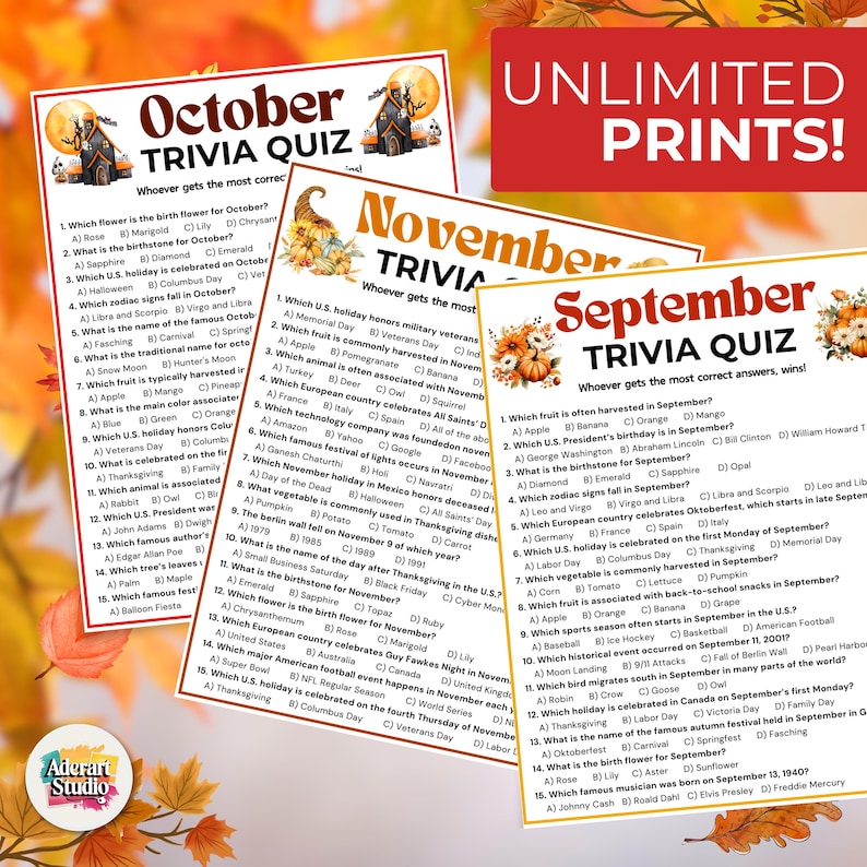 Fall Trivia Bundle, Autumn Trivia Quiz, Printable Trivia Games, Month ...