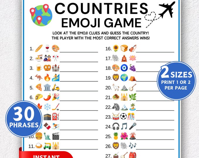 Countries Emoji Game, Country Emoji Pictionary Game, Printable Party ...