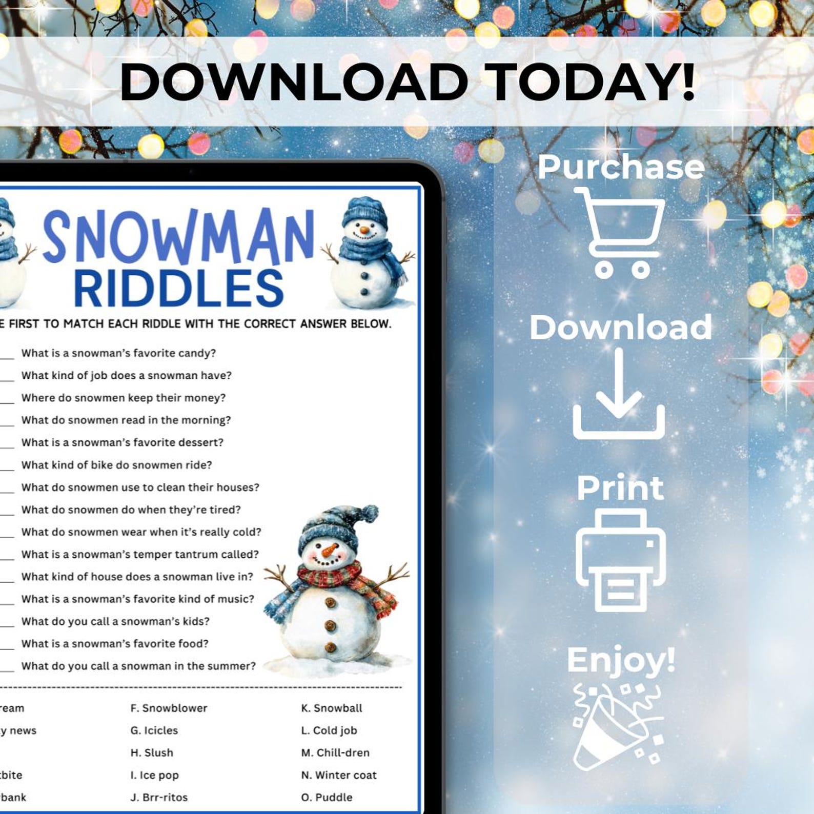 Snowman Riddles Game, Riddle Me This, Printable Winter Activities ...